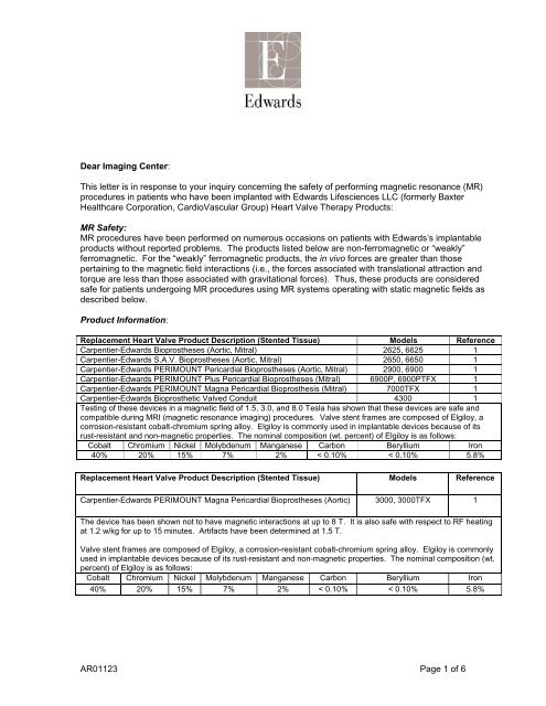 Dear Imaging Center: - Edwards Lifesciences