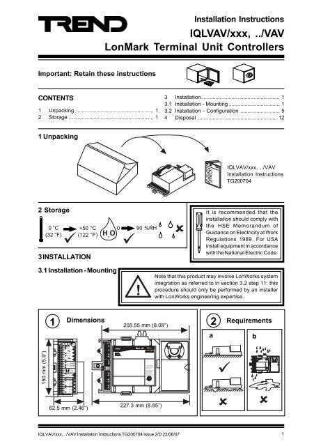 IQLVAV/xxx, ../VAV LonMark Terminal Unit Controllers Installation ...