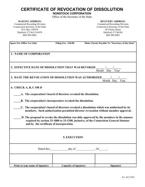 certificate of revocation of dissolution - Secretary's Home Page