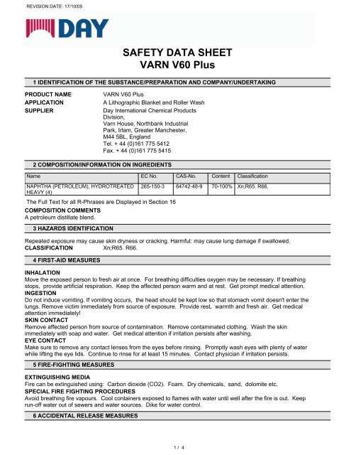 SAFETY DATA SHEET VARN V60 Plus - Mayday Graphic