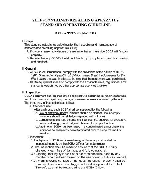 self -contained breathing apparatus standard operating guideline
