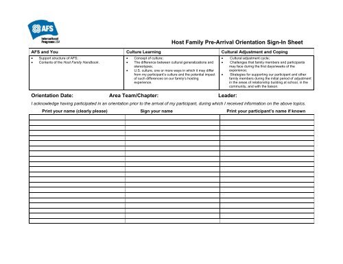 Host Family Pre-Arrival Orientation Sign-In Sheet - AFS Wiki