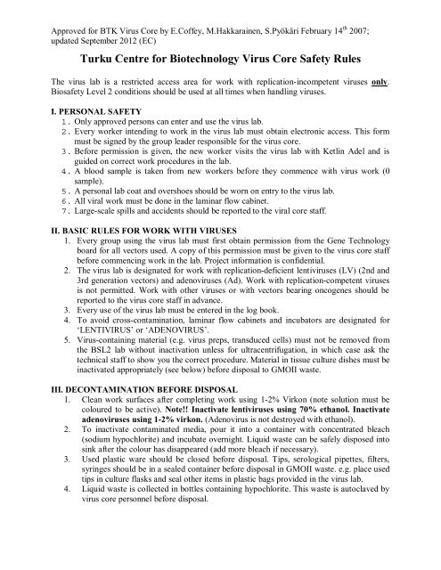 Virus Lab Safety Rules - Turku Centre for Biotechnology