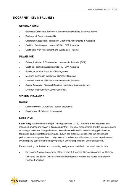 BIOGRAPHY KEVIN PAUL RILEY - Major Training Services