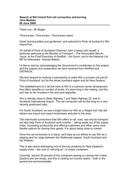 Speech transcript - Ports of Auckland