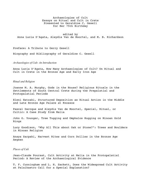 Archaeologies of Cult Essays on Ritual and Cult in ... - Oxbow Books