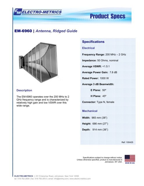 EM-6960 | Antenna, Ridged Guide - Electro-Metrics