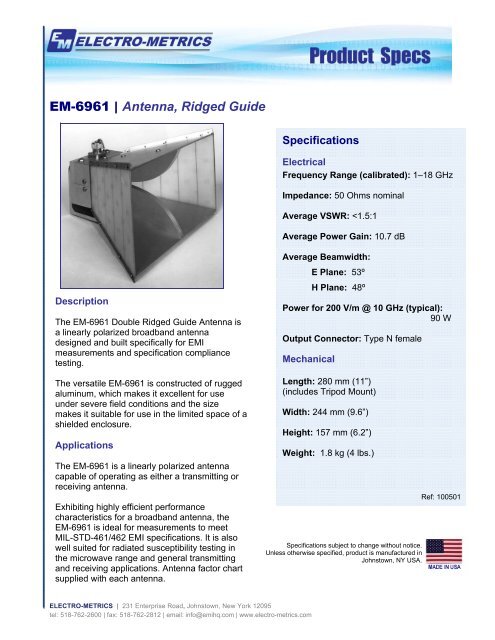 EM-6961 | Antenna, Ridged Guide - Electro-Metrics