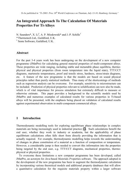 An Integrated Approach to the Calculation of Materials - JMatPro