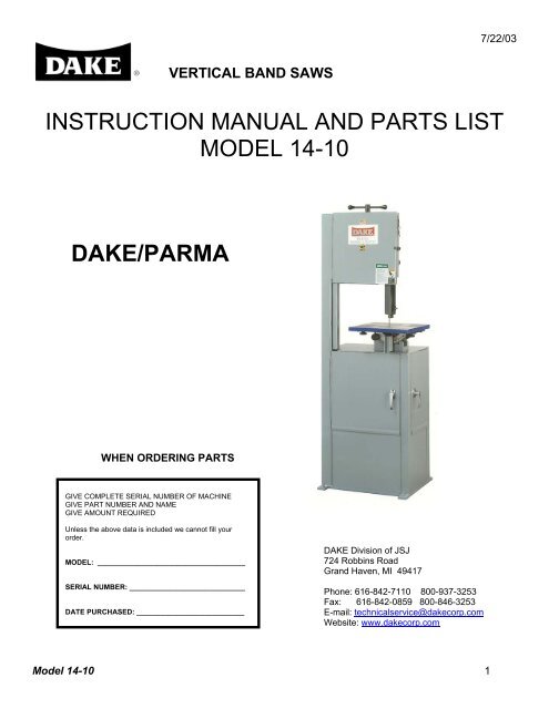 INSTRUCTION MANUAL AND PARTS LIST MODEL 14-10 DAKE ...