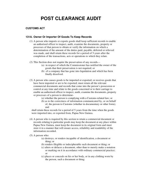 POST CLEARANCE AUDIT - PNG Customs Service