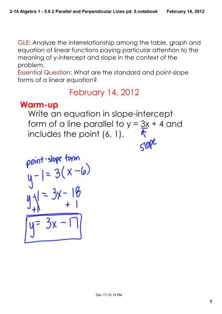 Parallel And Perpendicular Lines Worksheet Algebra 1
