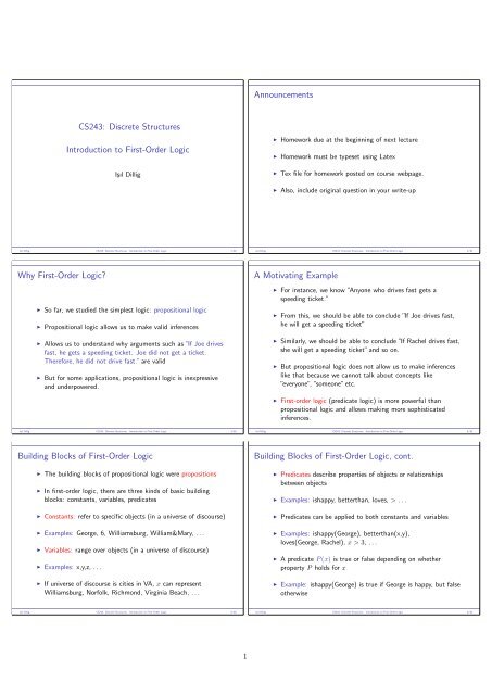 CS243: Discrete Structures Introduction to First-Order Logic ...