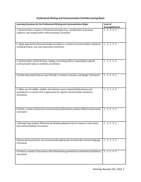 Professional Writing and Communication Portfolio Scoring Sheet