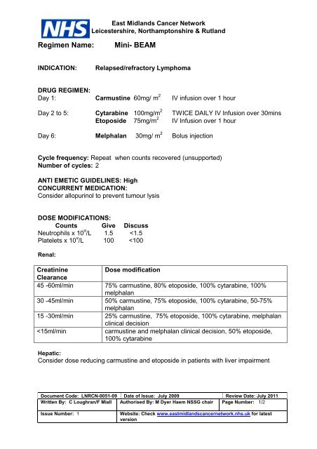 Regimen Name: Mini- BEAM - East Midlands Cancer Network