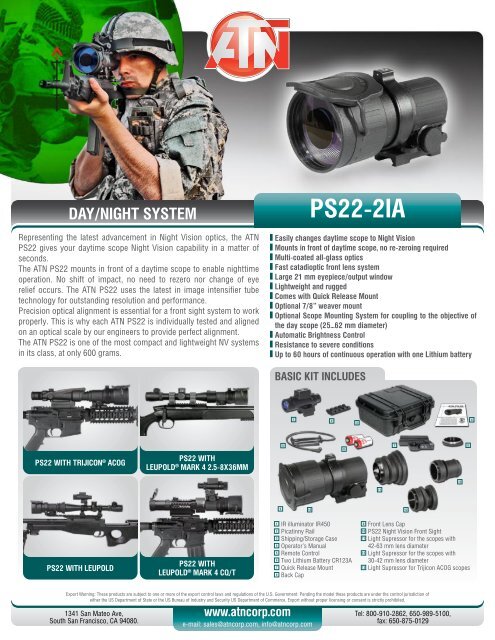 Spec Sheet ATN PS22-2IA Day/Night Systems - ATN Night Vision