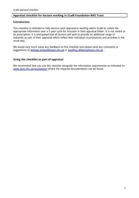 Appraisal checklist for doctors working in SLaM Foundation NHS ...