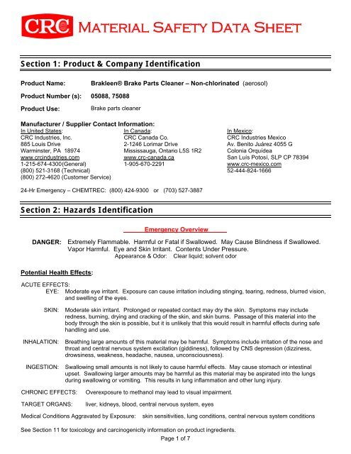 MATERIAL SAFETY DATA SHEET - CRC Industries