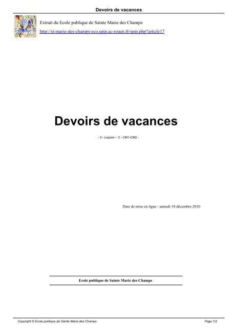 Devoirs de vacances - Ecole publique de Sainte Marie des Champs