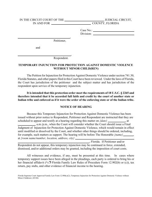 Temporary Injunction for Protection Against Domestic Violence ... Temporary Injunction for Protection Against Domestic Violence ...