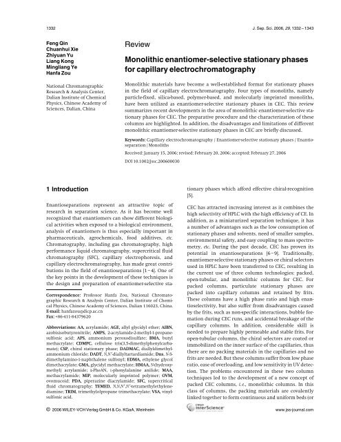 Monolithic enantiomer-selective stationary phases for capillary ...