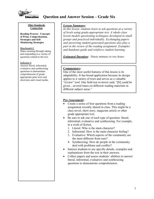 Question and Answer Session â Grade Six - ODE - Ohio Department ...