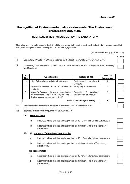 self assessment check-list for environmental laboratories to be ...