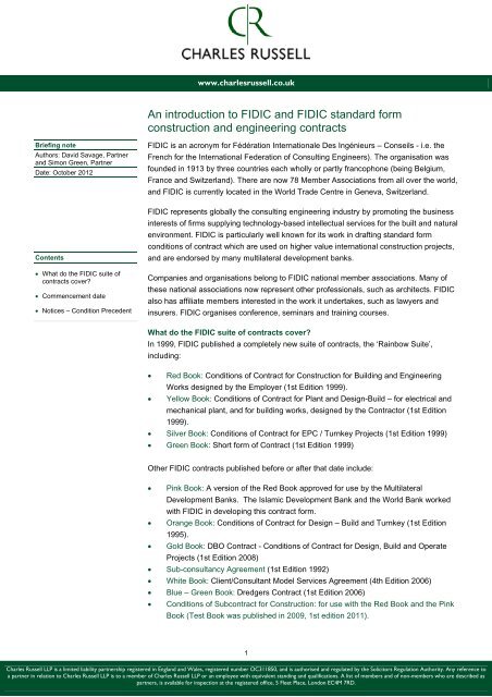 An introduction to FIDIC and FIDIC standard form ... - Charles Russell