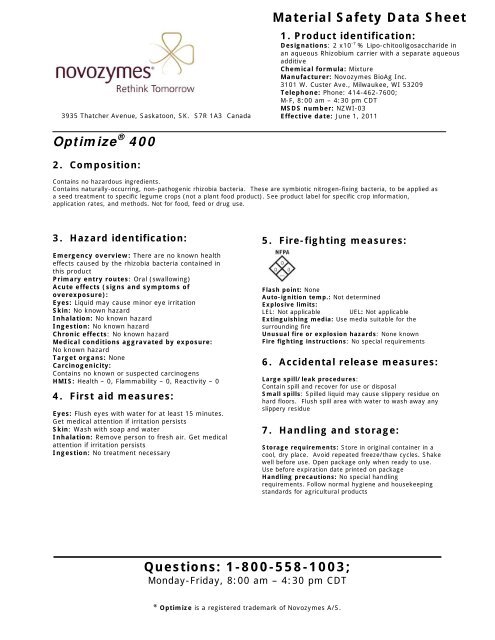 1-800-558-1003; Material Safety Data Sheet Optimize ... - Novozymes