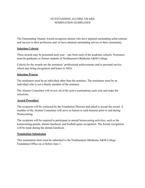 OUTSTANDING ALUMNI AWARD NOMINATION GUIDELINES The ...