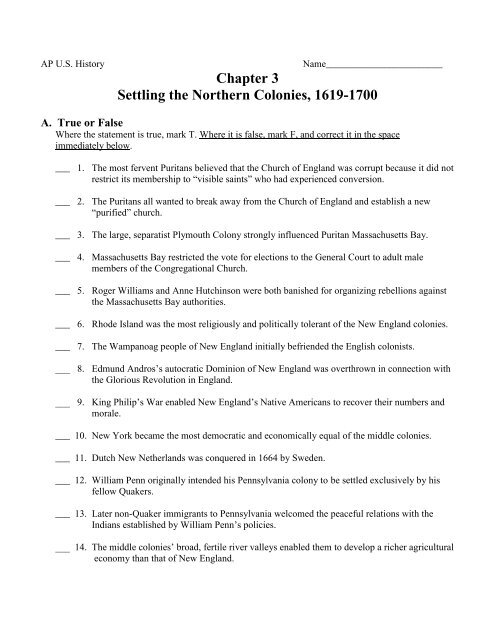 Chapter 3 Settling the Northern Colonies, 1619-1700