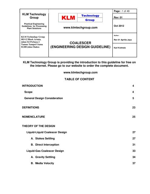 coalescer (engineering design guideline) - KLM Technology Group