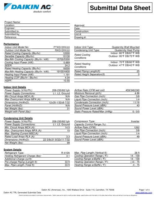 Submittal Data Sheet - Daikin AC