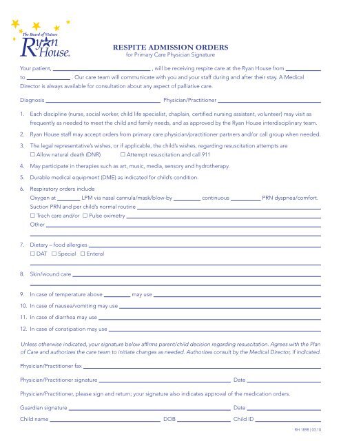 RESPITE ADMISSION ORDERS - Ryan House