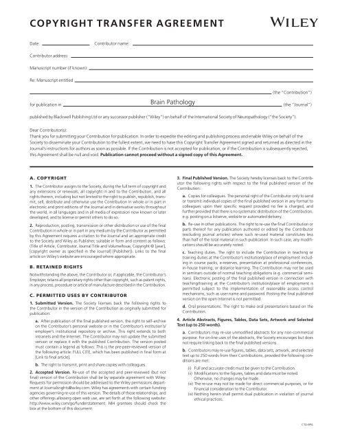COPYRIGHT TRANSFER AGREEMENT - Blackwell Publishing