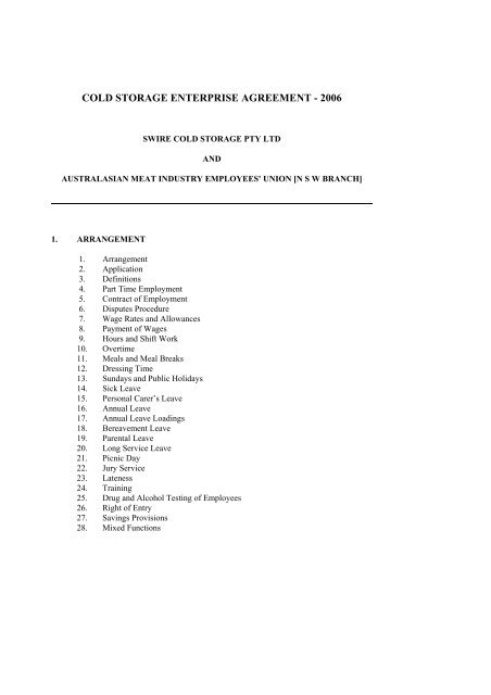 cold storage enterprise agreement - 2006 - Fair Work Commission