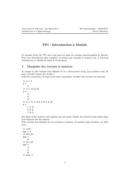 TP1 : Introduction `a Matlab