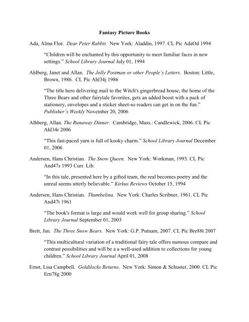 Fantasy Picture Books Ada, Alma Flor. Dear Peter Rabbit. New York ...