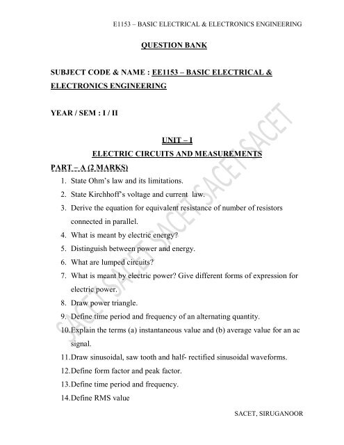 Question Bank Subject Code And Name Ee1153 Basic