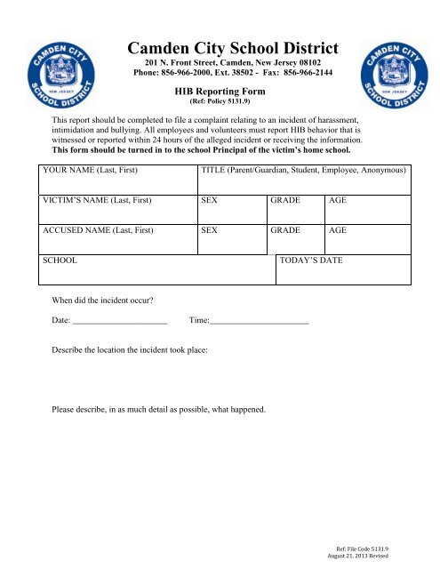 HIB Reporting Form - Camden City Public Schools