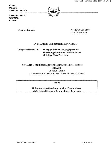 Ordonnance aux fins de convocation d'une audience