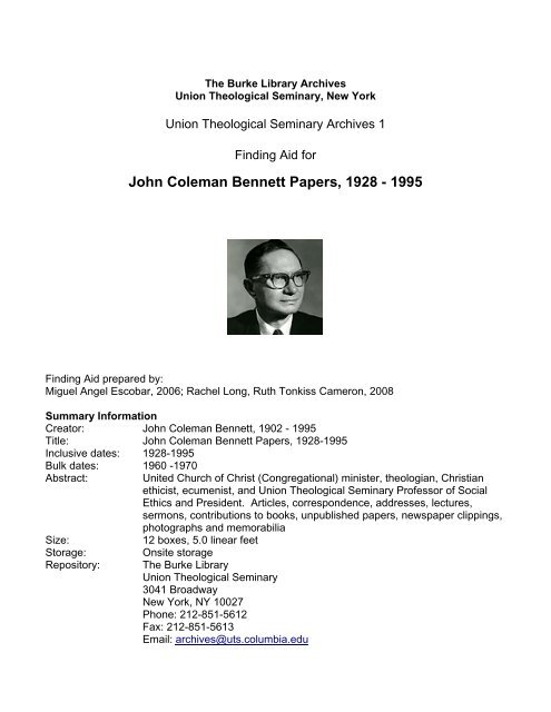 John Coleman Bennett Papers, 1928 - 1995 - Columbia University ...