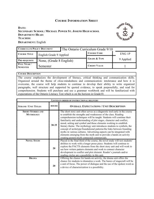 COURSE INFORMATION SHEET - MPSJ.ca