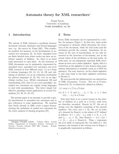 Automata Theory For Xml Researchers Department Of Computer 