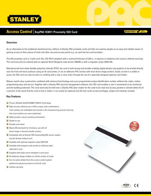 Access Control |KeyPAC K3011 Proximity ISO Card - Stanley PAC