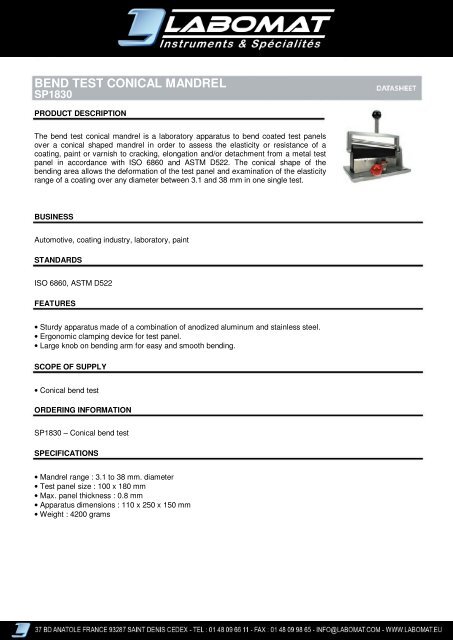 BEND TEST CONICAL MANDREL - Labomat