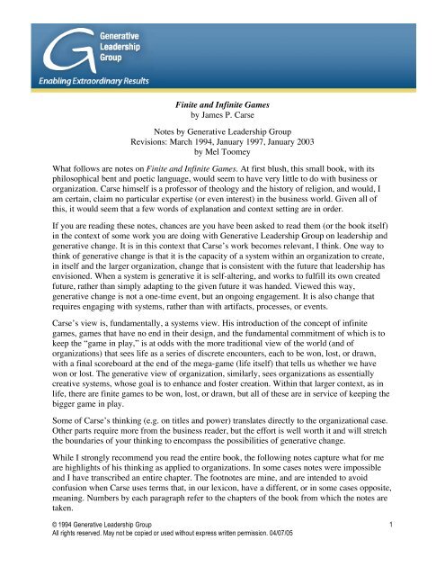 Finite and Infinite Games - Generative Leadership Group