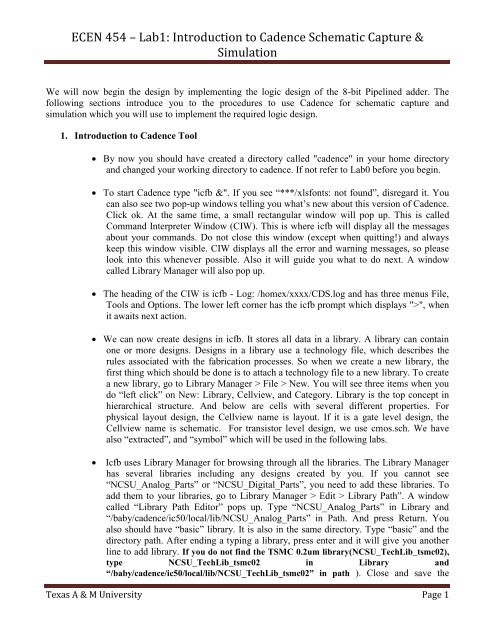 ECEN 454 â Lab1: Introduction to Cadence Schematic ... - Tamu.edu