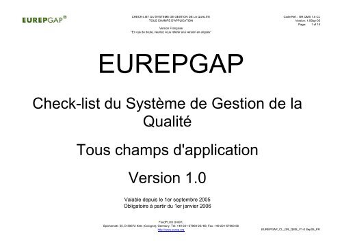 Quality Management System Checklist for Option 2 - GlobalGAP