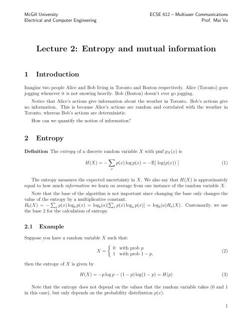 Lecture 2 Entropy And Mutual Information Multiuser